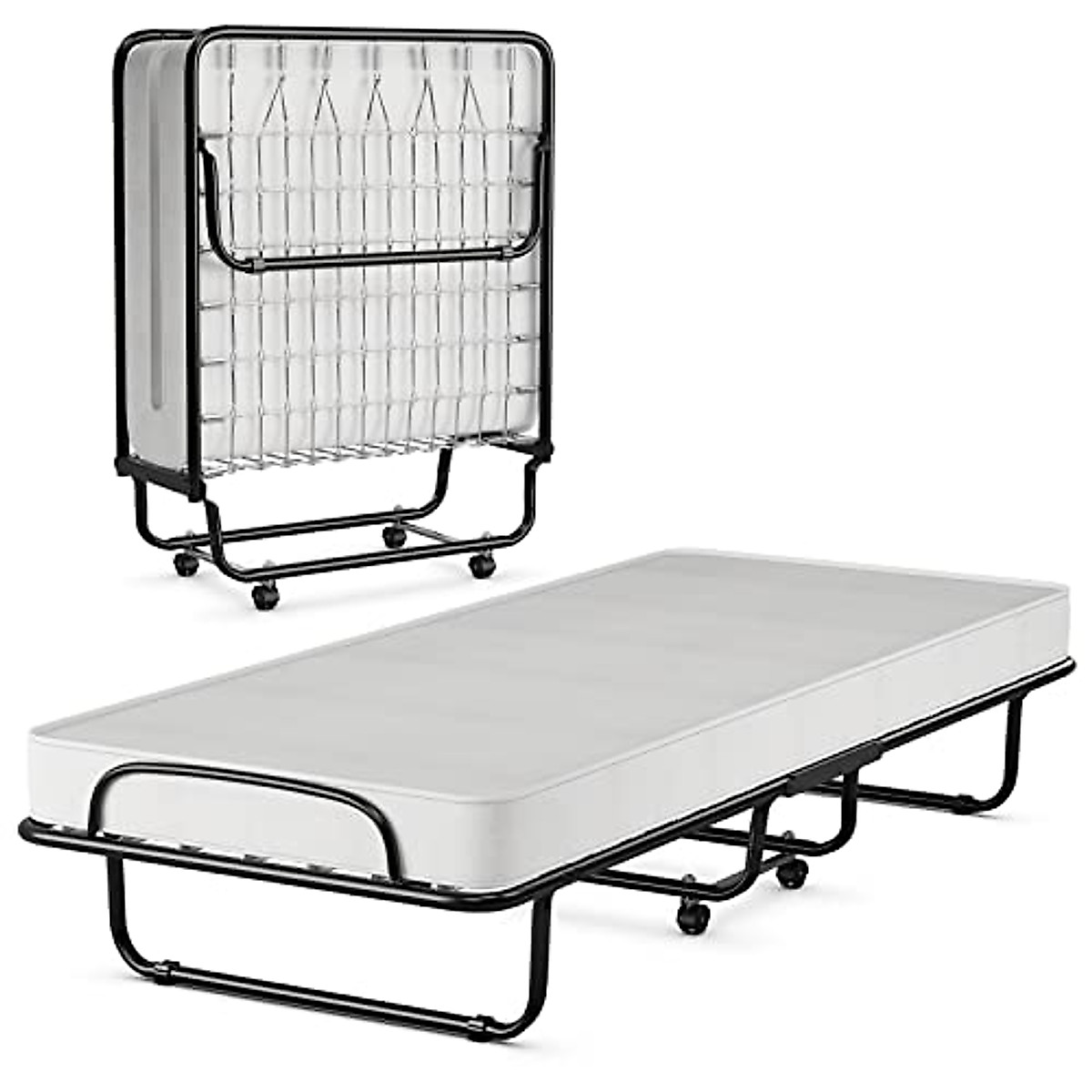 RELAX4LIFE Folding Bed with Mattress Memory Foam, Foldable Bed w/Sturdy U-Shaped Metal Bed Frame, 4 Universal Wheels, Portable Guest Bed, Easy Storage, Cot-Size Rollaway Single Bed, Made in Italy