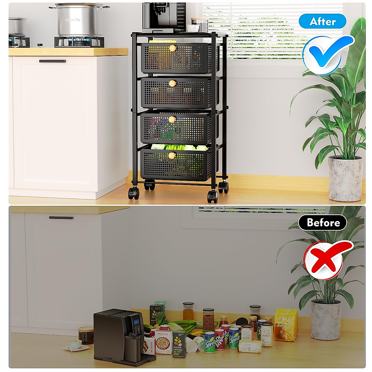 5 Tier Kitchen Rolling Cart with Drawers, Multipurpose Utility Cart, Storage Carts for Kitchen, Rolling Organization Carts with Lockable Wheels & Mesh Basket, Black