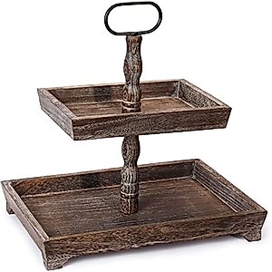 Rustic Wooden Two Tiered Tray Farmhouse - Brown Wood Rectangular Fruit and Cake Stand - Versatile Tiered Stand for Serving and Decor