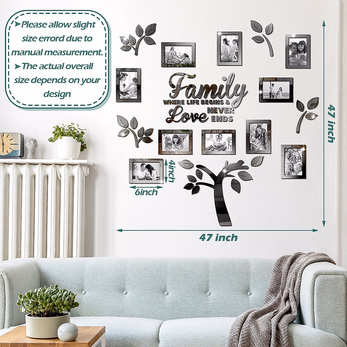 Family Tree Wall Decal Acrylic 3D DIY Mirror Sticker Photo Frames Removable Wall Art Decals Home Decorations for Living Room Bedroom Kitchen Dining Office, 47 x 47 Inch(Black)