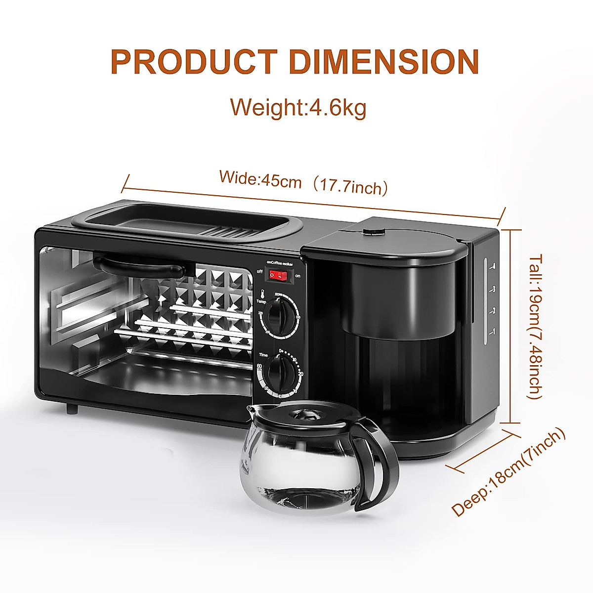 Breakfast Station, Toaster with Frying Pan, Portable Oven Breakfast Maker with Coffee Machine, Non Stick Die Cast Grill/Griddle for Bread Egg Sandwich Bacon Sausages (Bright Black)