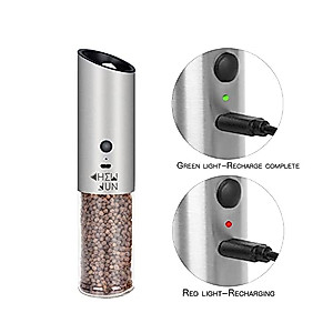 USB Rechargeable Electric Gravity Salt and Pepper Grinder Set with Adjustable Coarseness Automatic Pepper and Salt Mill Set with White LED Light,One Hand Operated,Brushed Stainless Steel by CHEW FUN