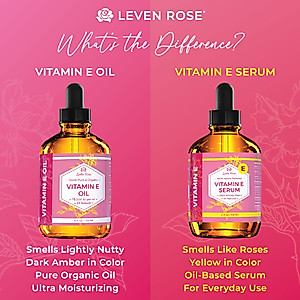 Leven Rose Vitamin E Oil Serum 100% Pure Organic All Natural Face, Dry Skin & Body Moisturizer Treatment, Hair & Nail Growth Oil, Pure Makeup Remover, Acne Cleansing Oil Large 4 oz
