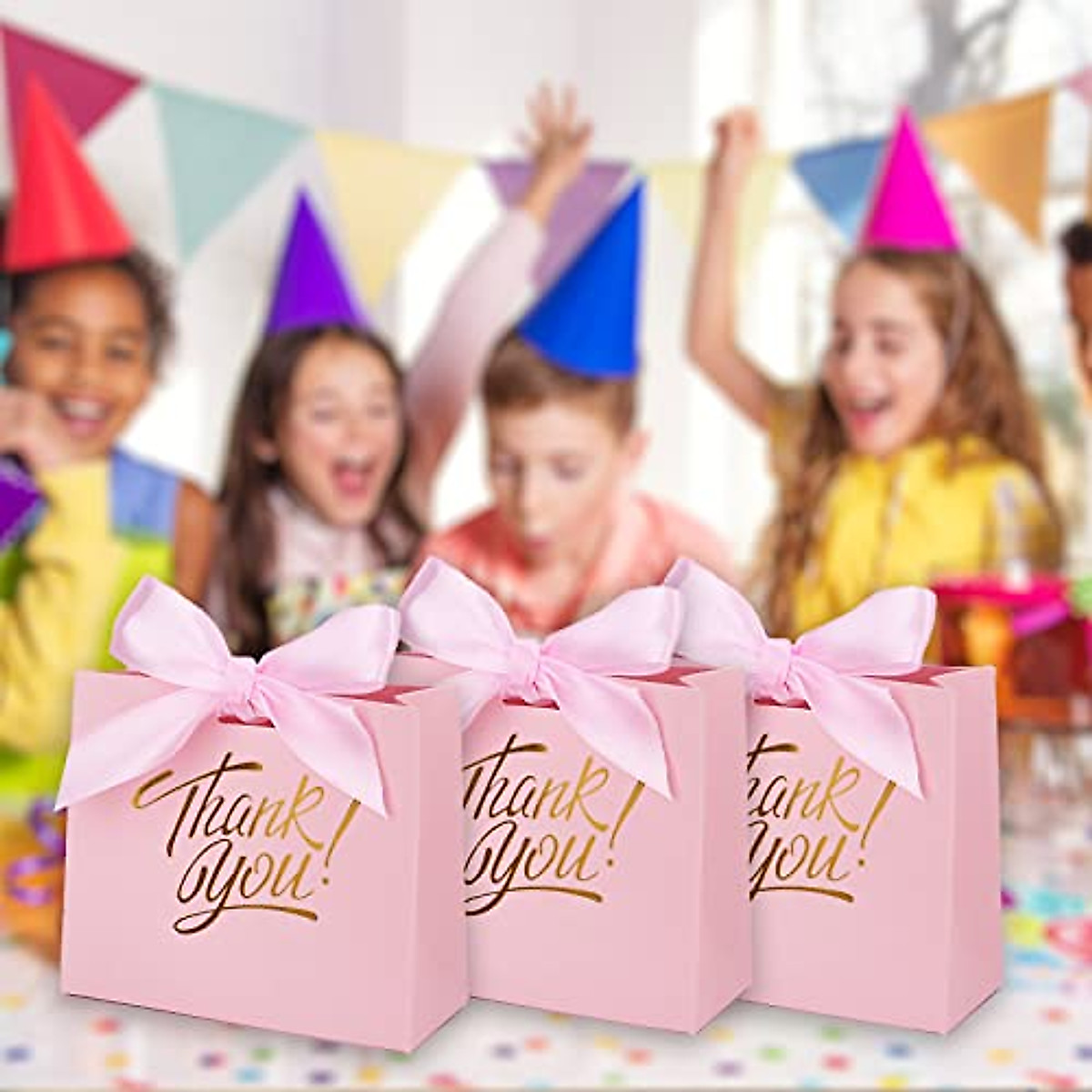 KPOSIYA Small Gift Bags, 50 Pack Small Thank You Bags 4.5x1.8x3.9 Inches Party Favor Bags Pink Paper Gift Bags Candy Bags with Bow Ribbon,Mini Gift Bags for Wedding Baby Shower Birthday Bridal Business Party Supplies (Pink)