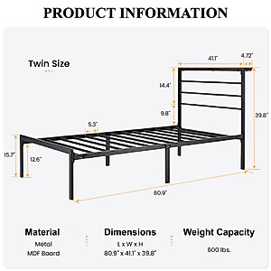 SHA CERLIN Twin Size Bed Frame with Headboard Shelf and Strong Metal Foundation, No Box Spring Needed, Brown