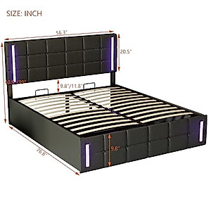 Bellemave Bed Frame,Upholstered Queen Platform Bed with Lift Up Storage, LED Lights and USB Charging, Faux Leather Bed Frame with Headboard and Slat Support (Black, Full Size)