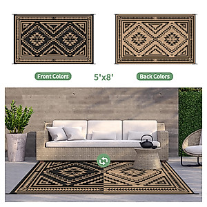 GENIMO Outdoor Rug for Patio Clearance, 5' x 8' Waterproof Plastic Straw Mat, Reversible Camping Carpet, Large Area Rugs Mats for Rv, Backyard, Deck, Porch, Picnic, Beach, Balcony, Black & Brown