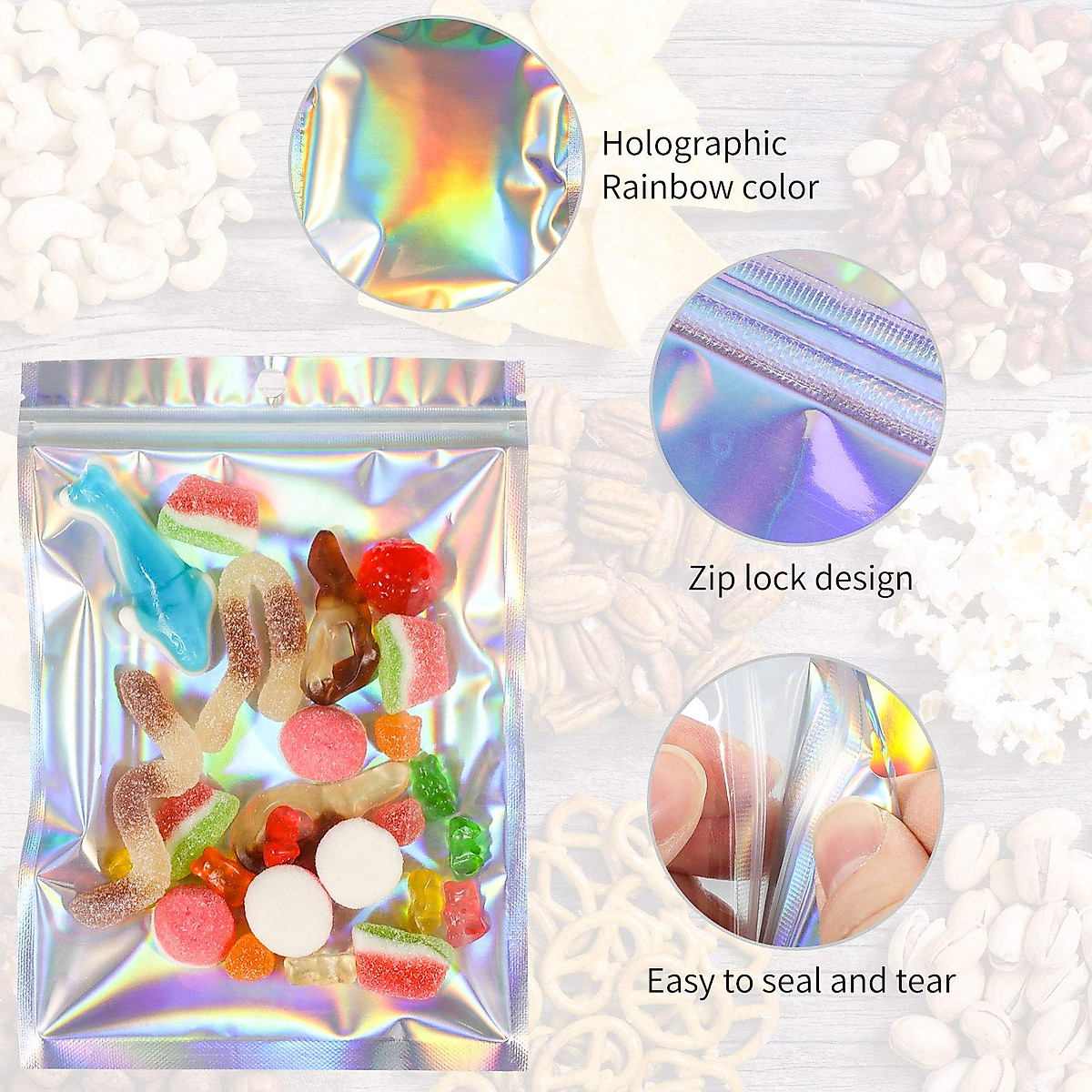 ISKYBOB 100 Pieces Resealable Mylar Zip Lock Bags Rainbow Flat Foil Pouches Smell Proof Food Storage Gift Package Supplies, M