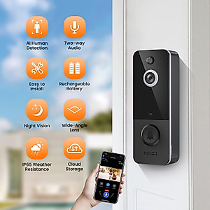 Biglory Video Doorbell Camera Wireless with Chime, AI Human Detection, 2-Way Audio, Live View, 2.4G WiFi, Night Vision, Cloud Storage, Battery Powered, Indoor Outdoor Surveillance