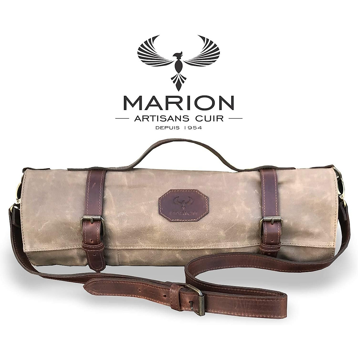 Lynx Soul MARION - LE VOYAGEUR - Waxed Canvas with Genuine Calf Top Grain Leather - Handcrafted Professional Chef's Knife Storage Roll Bag - 8 Pockets - (Sand)