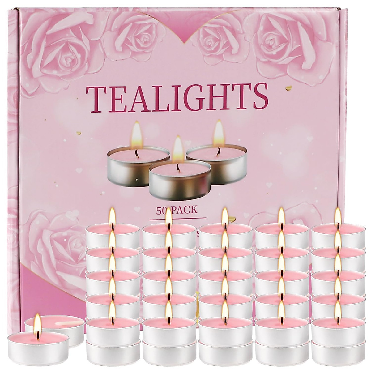 50 Pack Tealight Candles, Tea Lights Candles Set 4 Hour Pink Unscented Mini Votive Candles for Valentine's Day Anniversary Wedding Receptions