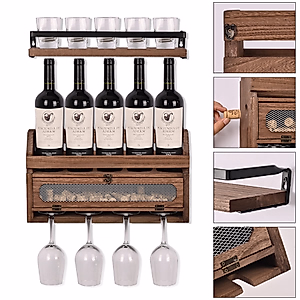 TRSPCWR Wall Mounted Wine Rack and Shelf Set of 2, Wood Rustic Floating Shelf, Wine Bottles & Glasses Holder with Cork Storage Store, Wine Decor and Storage Holder for Kitchen Dining Room Bar