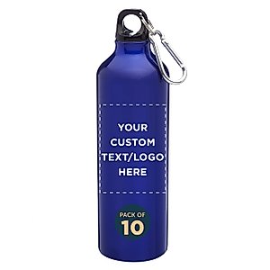 DISCOUNT PROMOS Custom Aluminum Water Bottles with Carabiner 24 oz. Set of 10, Personalized Bulk Pack - Perfect for Gym, Hiking, Camping, Running, Mountain Bike, Outdoor Sports - Met Blue