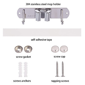 Tidysun Mop and Broom Holder Wall Mounted,Heavy Duty Stainless Mop Holder Wall Mount with 1 Gripper and 2 Hooks,Mop Broom Holder for Kitchen Bathroom Garden Garage 1 Pack(Grey)