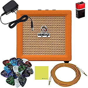 Orange Amps Crush Mini 3W Guitar Amp Combo Set with Power Adapter, Pig Hog Instrument Cable, 24x Guitar Picks, Battery & Liquid Audio Polishing Cloth - Portable Mini Amplifier, Guitar Amplifier