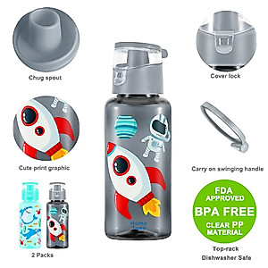 13oz Kids Water Drinking Bottle - BPA Free, Wide Mouth, Chug Lid, Easy Open, Lightweight, Leak-Proof Water Bottle with Cute Design for Girls & Boys - 2 Pack(Shark/Space)