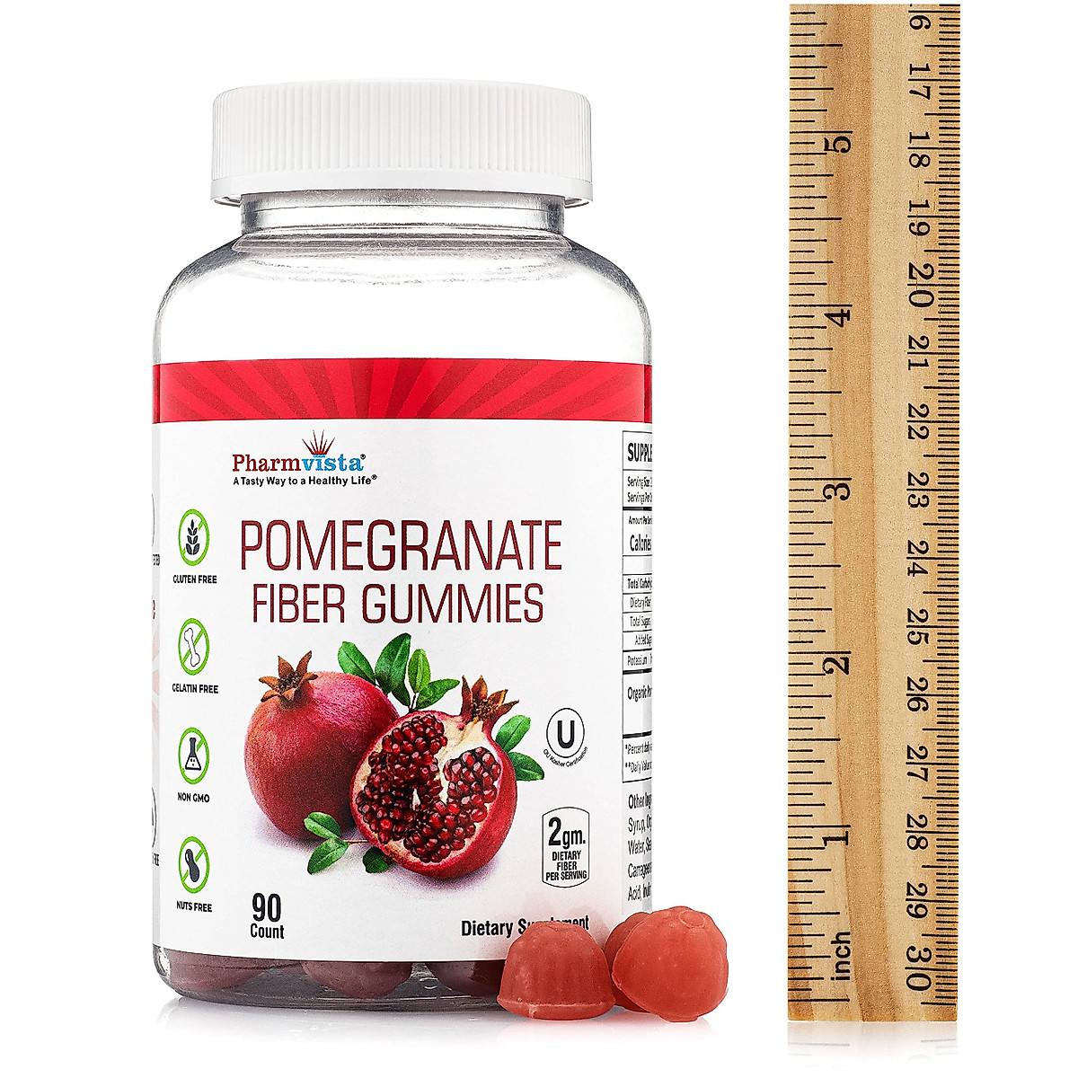 Pharmvista Pomegranate Fiber Gummies for Adults & Kids 100mg - Gluten Free Vegan Pomegranate Supplement Rich in Dietary Fiber Chewables Gummies- 90 Count