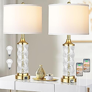 QiMH Gold Lamps for Bedroom Set of 2, Touch Control Table Lamps for Living Room with Dual USB Charging Ports, 3-Way Dimmable Bedside Lamp with White Drum Lamp Shade Home Decor (Bulbs Included)