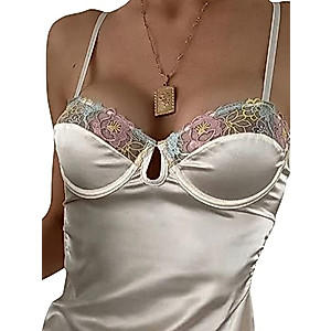 SweatyRocks Women's Lingerie Lace Trim Satin Silk Nightgown Sleepwear Dress White S