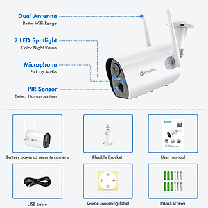 Wireless Outdoor Security Camera, 10400mAh Rechargeable Battery Powered WiFi Camera YESKAMO 1080P Surveillance Camera for Home Security Wire Free Battery Camera Dual Antenna Motion Dection 2 Way Audio