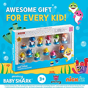 Baby Shark Stampers, 12 Pack – Self-Inking Baby Shark Toys, Action Figures, Party Decor, Cake Toppers – Parent, Baby, Grandparent Sharks and William by PMI, 2.4 in., Soft PVC