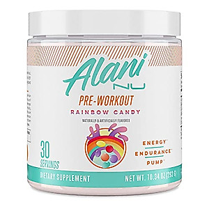 Alani Nu Pre Workout Supplement Powder for Energy, Endurance & Pump | Sugar Free | 200mg Caffeine | Formulated with Amino Acids Like L-Theanine to Prevent Crashing | Rainbow Candy, 30 Servings