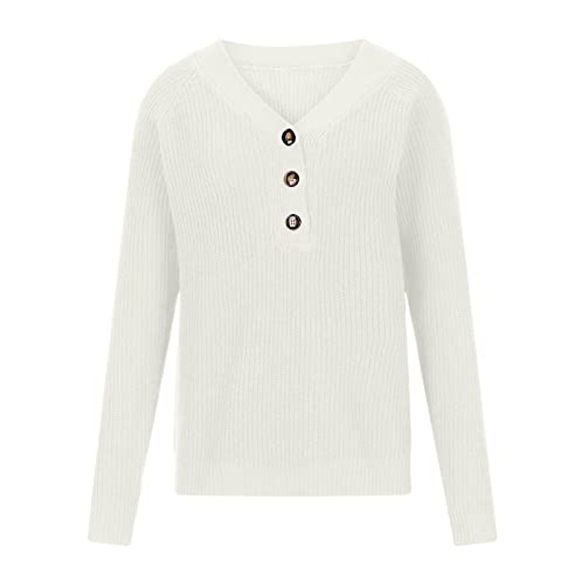 Womens Ribbed Knit Sweaters Long Sleeve Button Down V Neck Pullover Tops Casual Loose Plain Jumper Fall Winter White