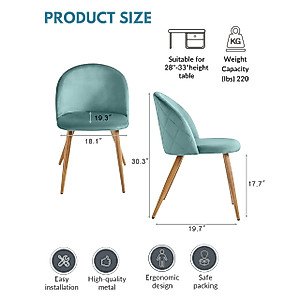 FurnitureR Dining Chairs Set of 2, Velvet Upholstered Kitchen Chairs Modern Dining Room Side Chairs with Soft Seat/Metal Legs, Accent Chairs for Home Restaurant, Aqua, Oak Leg