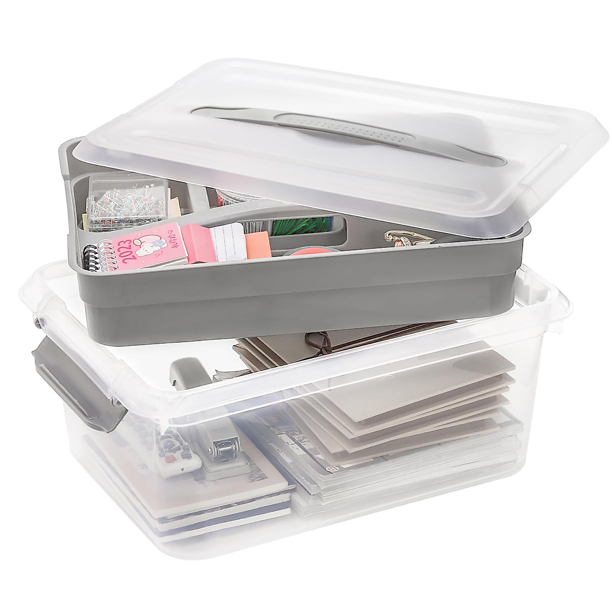 Yesland Stack & Carry Box with Removable Tray, 16 x 11 x 6.5 Inch Plastic Art Supply Storage Organizer Craft Storage Containers with Handle, Portable Organizer Bin for Stationery Sewing Jewelry, Grey