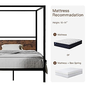 ikalido Queen Size Metal Canopy Bed Frame with Wooden Headboard, Classic Design Canopy Bed with 4 Sturdy Posters, Noise Free/No Box Spring Needed/Rustic Brown