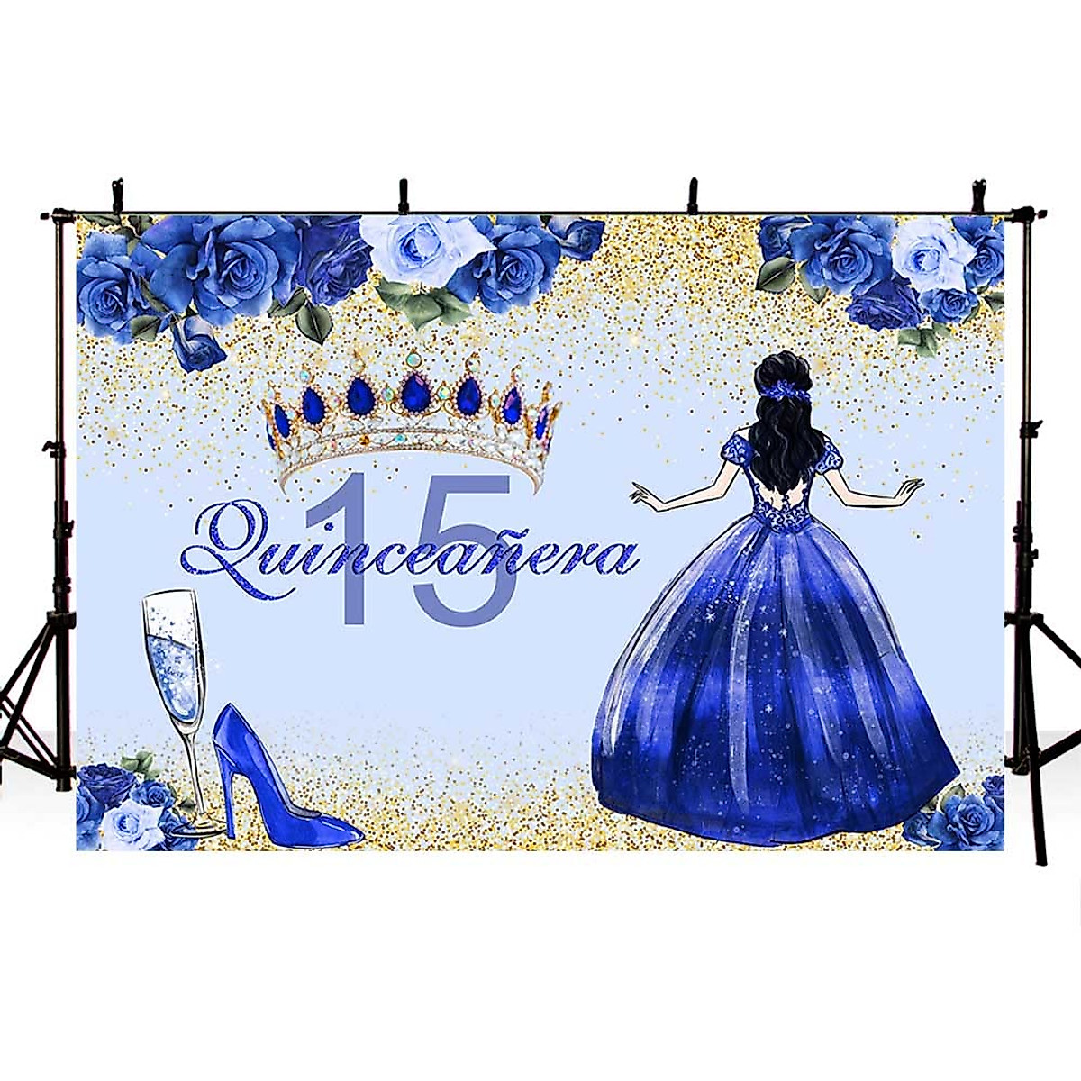 Sendy 10x7ft Quinceanera Backdrop for Girl Happy 15th Birthday Background Blue Flowers High Heels Crown Princess Birthday Party Decorations Photography Props Banner