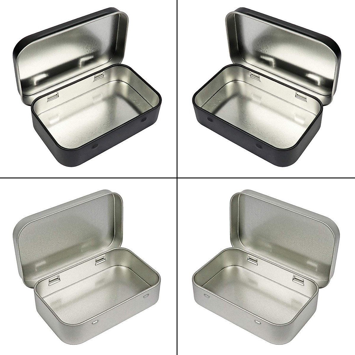 4 Pack Metal Rectangular Empty Hinged Tins Box Containers 3.75 by 2.45 by 0.8 Inch Silver & Black Mini Portable Box Small Storage Kit Home Organizer (2 Black 2 Silver)