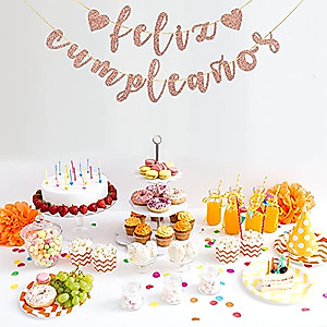 INNORU Feliz Cumpleaños Banner, Happy Birthday Party Decorations, Fiesta Themed Party Sign Banner, Birthday Party Decoration Rose Gold Glitter