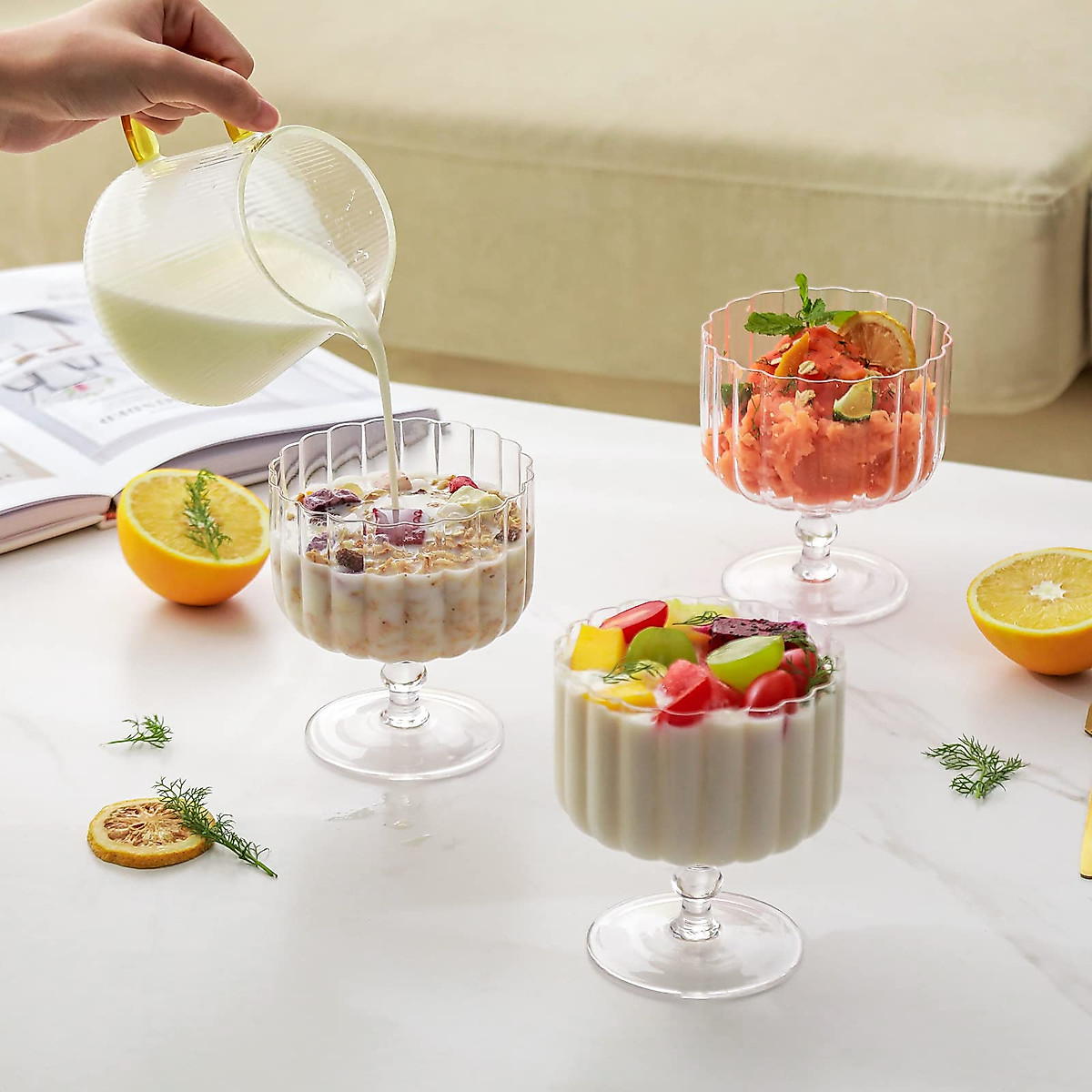 Trifle Bowl Glass with Pedestal, Wave Shaped Crystal Clear Glass Individual Ice Cream Bowls, 18.0 oz Set of 4, Large Decorative Dessert Bowls, Sundae Bowls, Fruit, Salad, Pudding, Snack, Trifle, Nuts