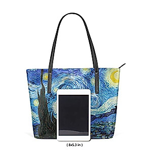 Starry Night Painting Tote Bag for Women, Large Leather Tote Shoulder Bag Handbag with Zipper, 11.8 x 3.5 x 11 inch
