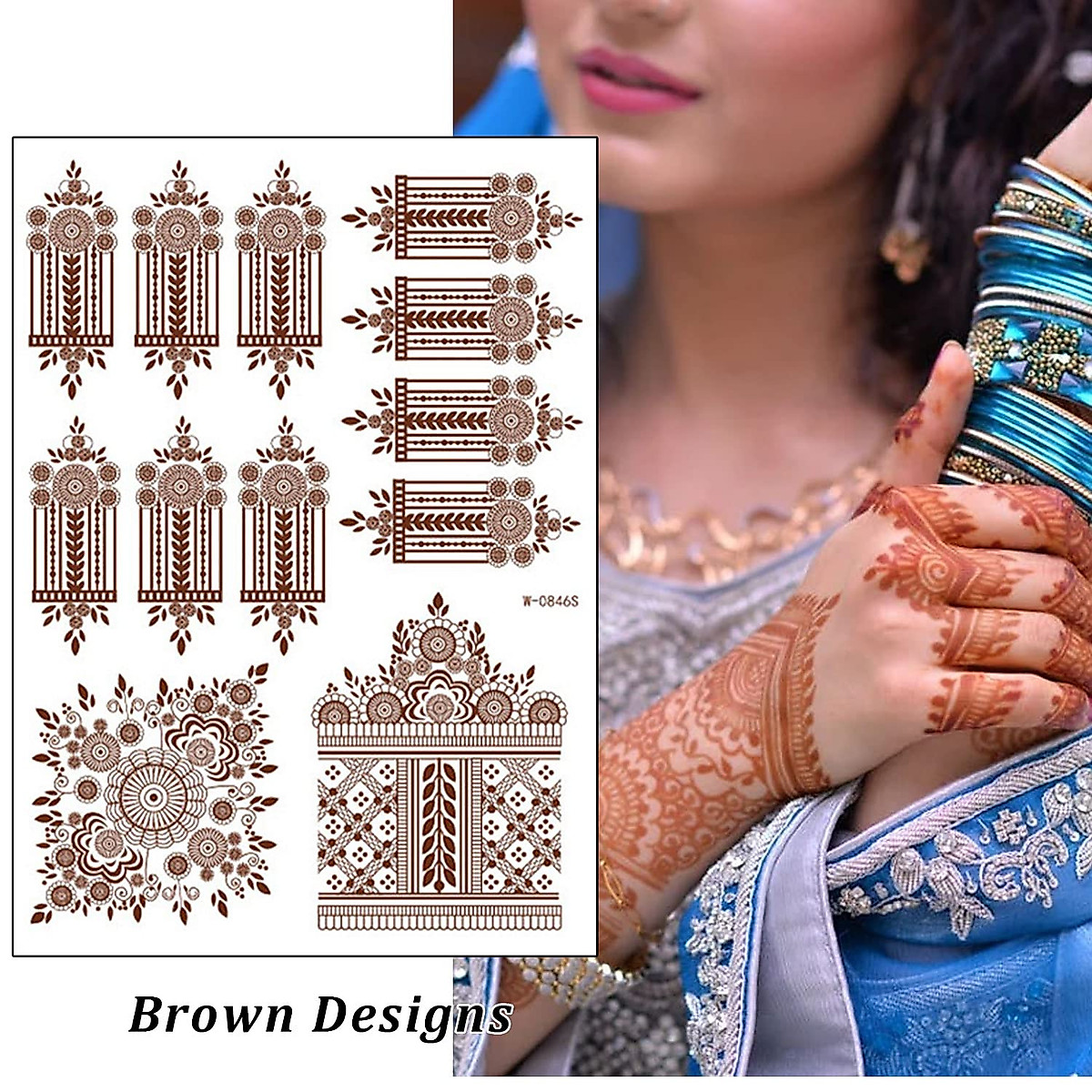 Henna Temporary Tattoo, Flash Bride Wedding Tattoos White Lace Tattoo Waterproof Body Fake Tattoo Henna Tattoo Stickers for Women Festival Clothing Accessories (Brown)