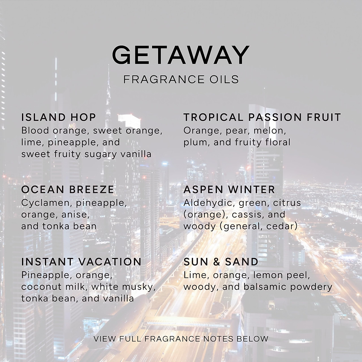 Get Away Gift Set of 6 Premium Grade Fragrance Oils - Island Hop, Ocean Breeze, Tropical Passion Fruit, Aspen Winter, Instant Vacation, Sun & Sand - 10Ml - Scented Oils