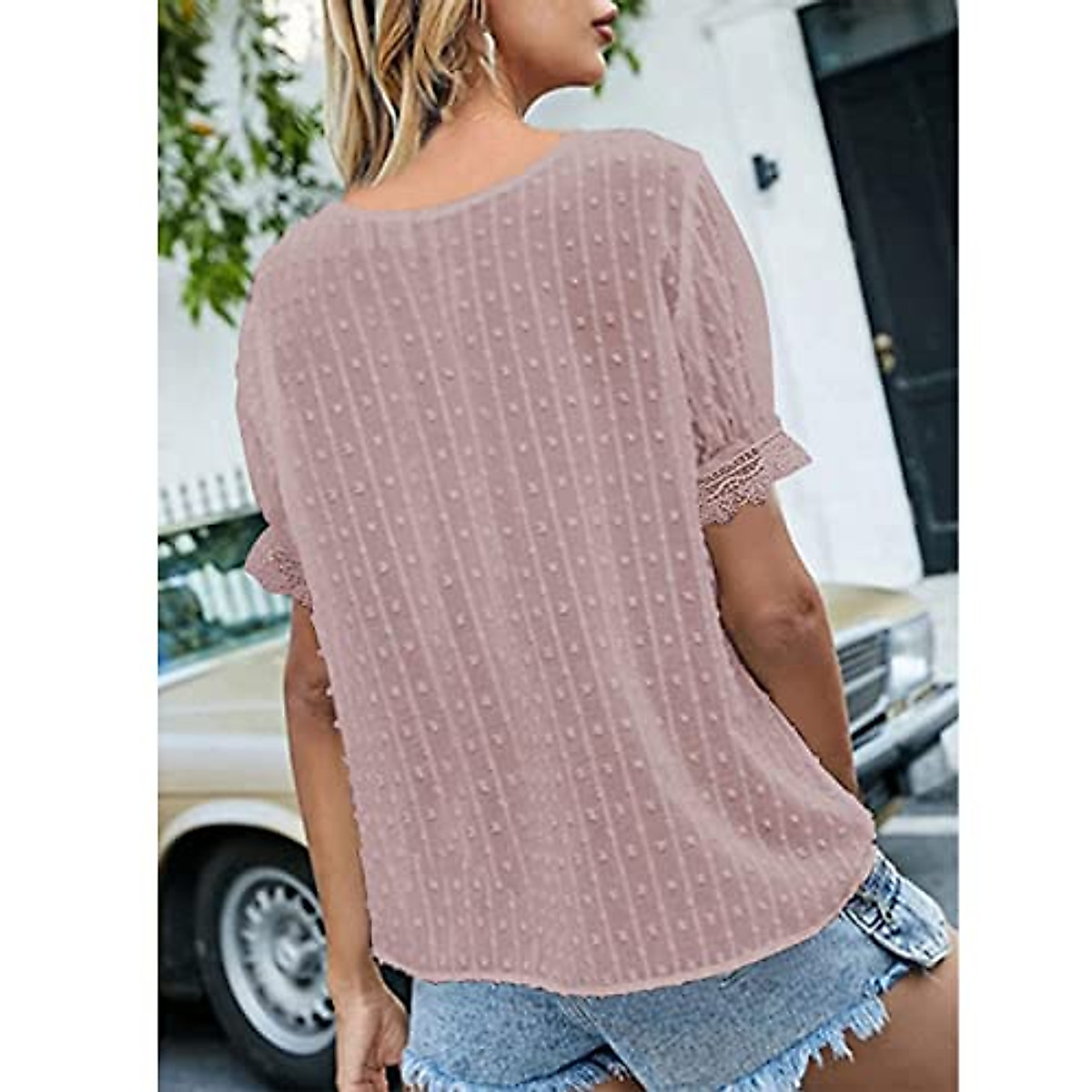 Women Lace Tunic Tops to Wear with Leggings Casual Solid Short Sleeve V-Neck Lace T-Shirt Blouse Tops Pink