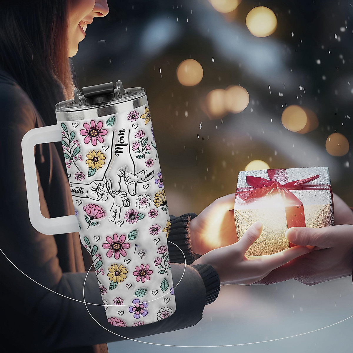 Personalized Mothers Day Birthday Gifts for Mom Nana Grandma, Custom You Hold Our Hands Also Our Hearts 2D 40oz Tumbler with Name, Customized Mother's Day Gifts from Daughter Son Kid, Travel Cup