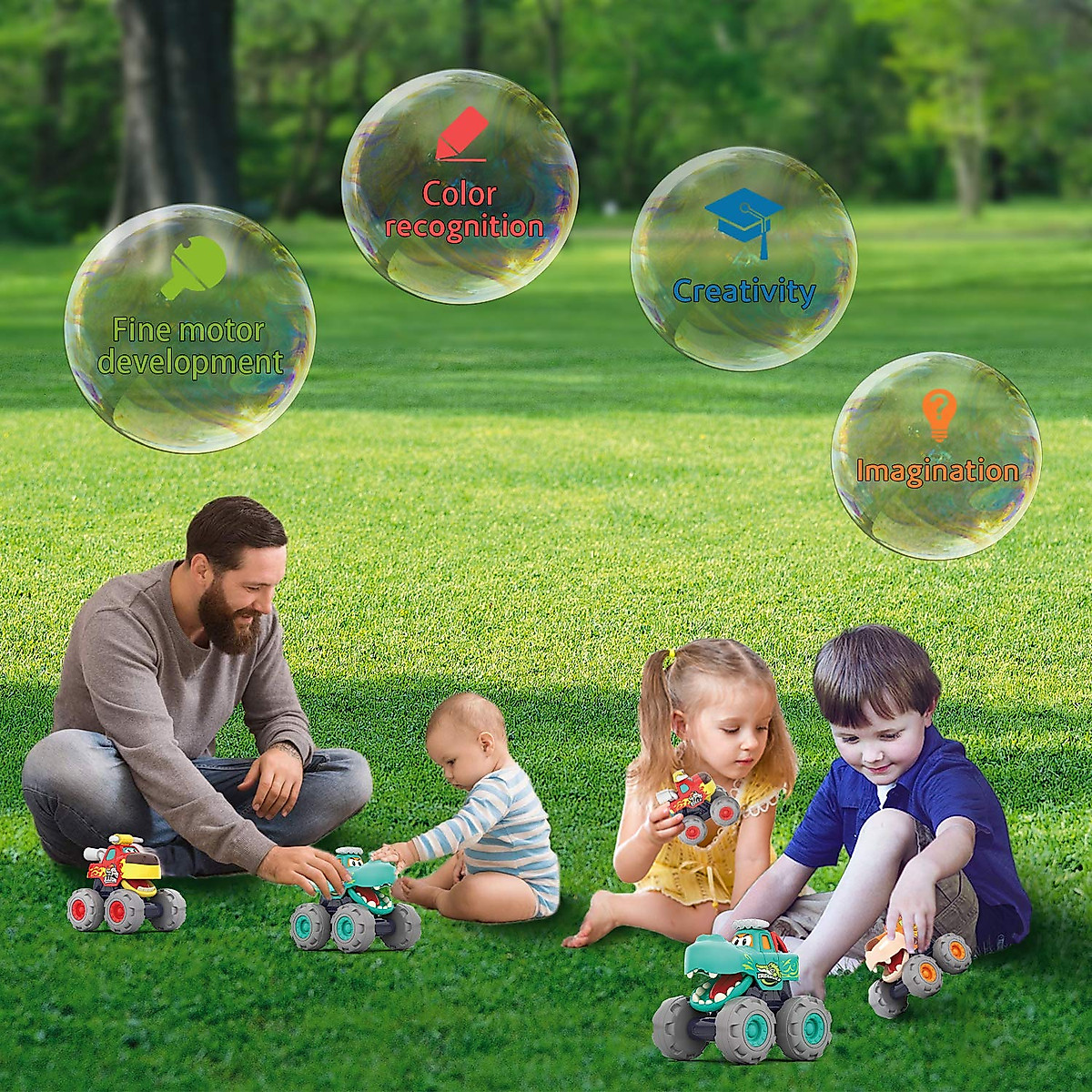 MOONTOY Toy Cars for 1 2 3 Year Old Boys, 3 Pack Friction Powered Cars Pull Back Toy Cars Set - Bull Truck, Leopard Truck, Crocodile Trucks, Push and Go Toy Cars for Toddler Boys Baby Gift.