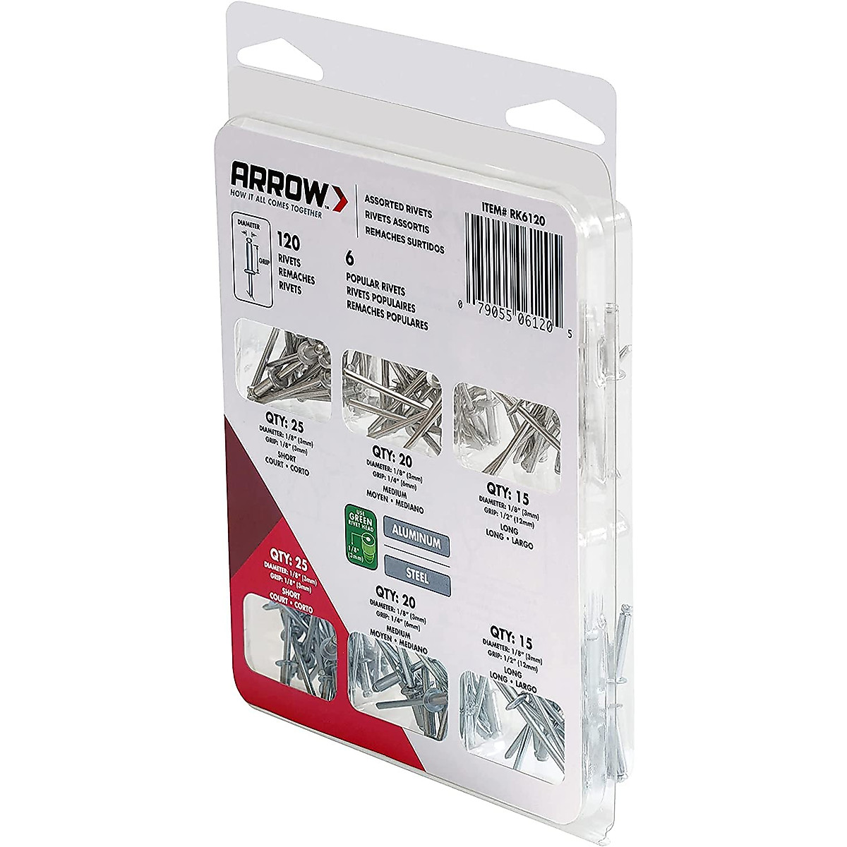 Arrow RK6120 Pop Rivet Assortment Kit for Metal, Fabric, Leather, and Auto Repair, Aluminum and Steel, 1/8-Inch, 120-Pack
