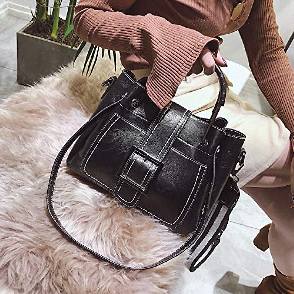 Womens Handbag Large Capacity, PU Leather Satchel Purse, Tote Crossbody Shoulder Bag Black