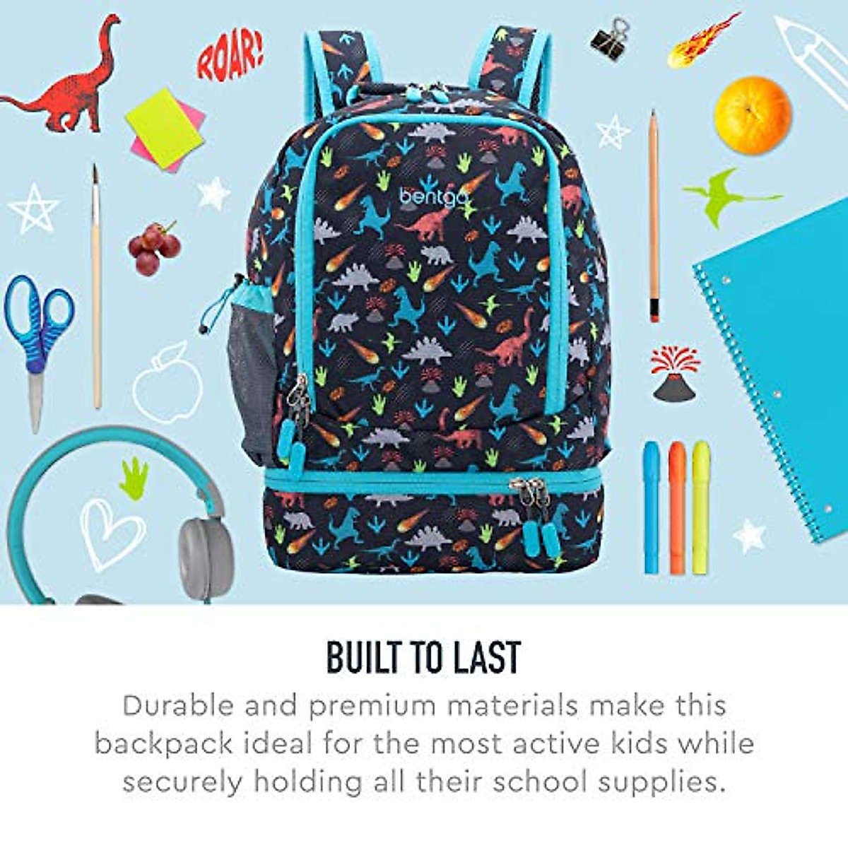 Bentgo® Kids Prints 2-in-1 Backpack & Insulated Lunch Bag - Durable, Lightweight, Colorful Prints for Girls & Boys, Water-Resistant Fabric, Padded Straps & Back, Large Compartments (Dinosaur)