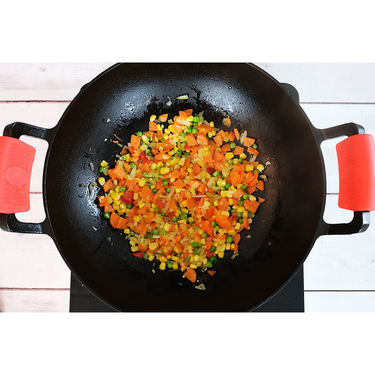 Crucible Cookware 14-Inch Cast Iron Wok Set (Pre-Seasoned), Glass Lid & Silicone Hot Handle Holders