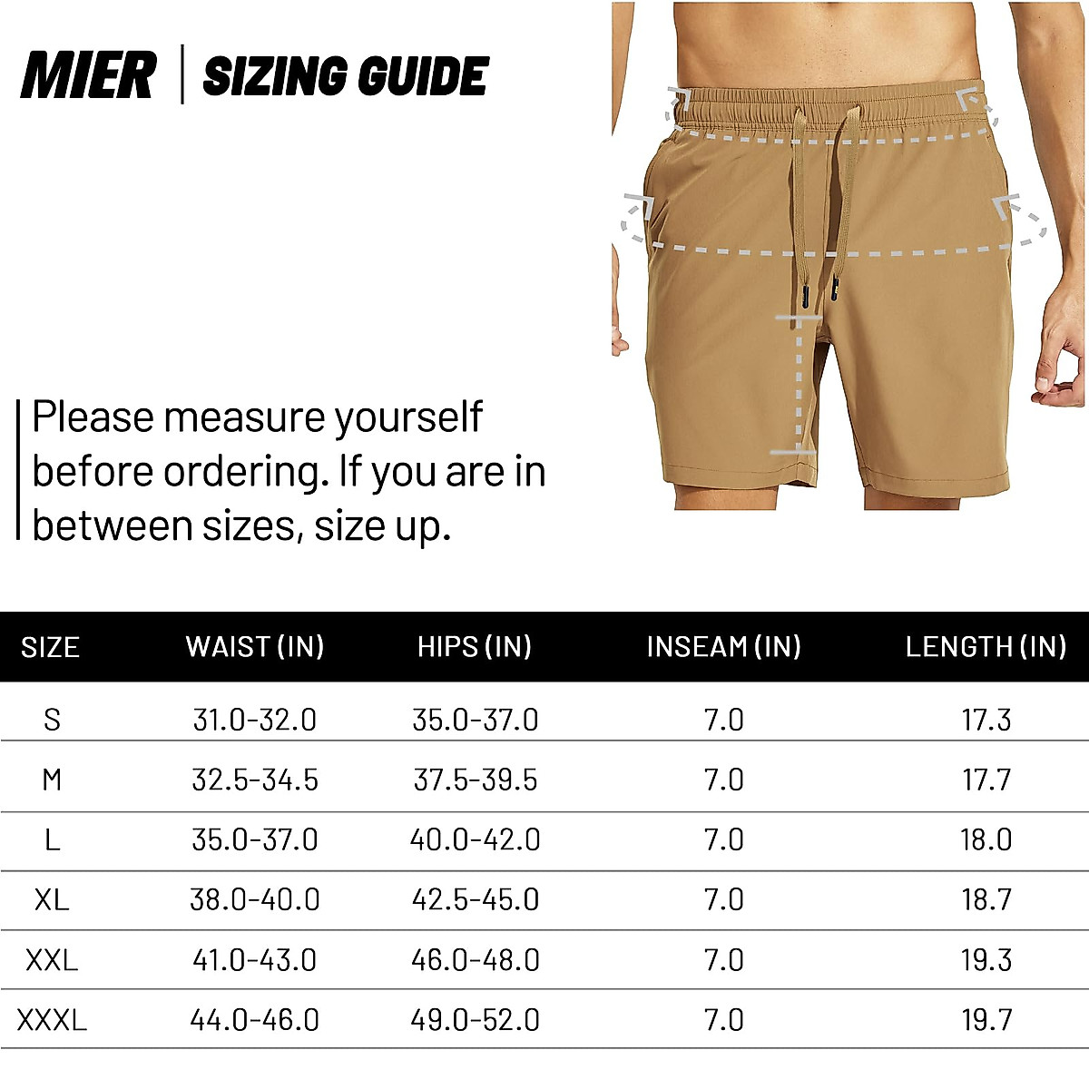 MIER Men's Quick Dry Running Shorts with Zipper Pockets, 7" Athletic Workout Gym Exercise Fitness Shorts Without Liner/Brief, Khaki, XL