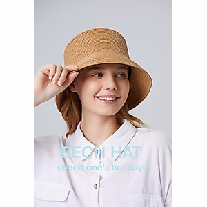 Lightbird Women's Straw Bucket Hat Beach Hat Foldable Summer Travel Sun Caps Outdoor Fisherman Hat Brown