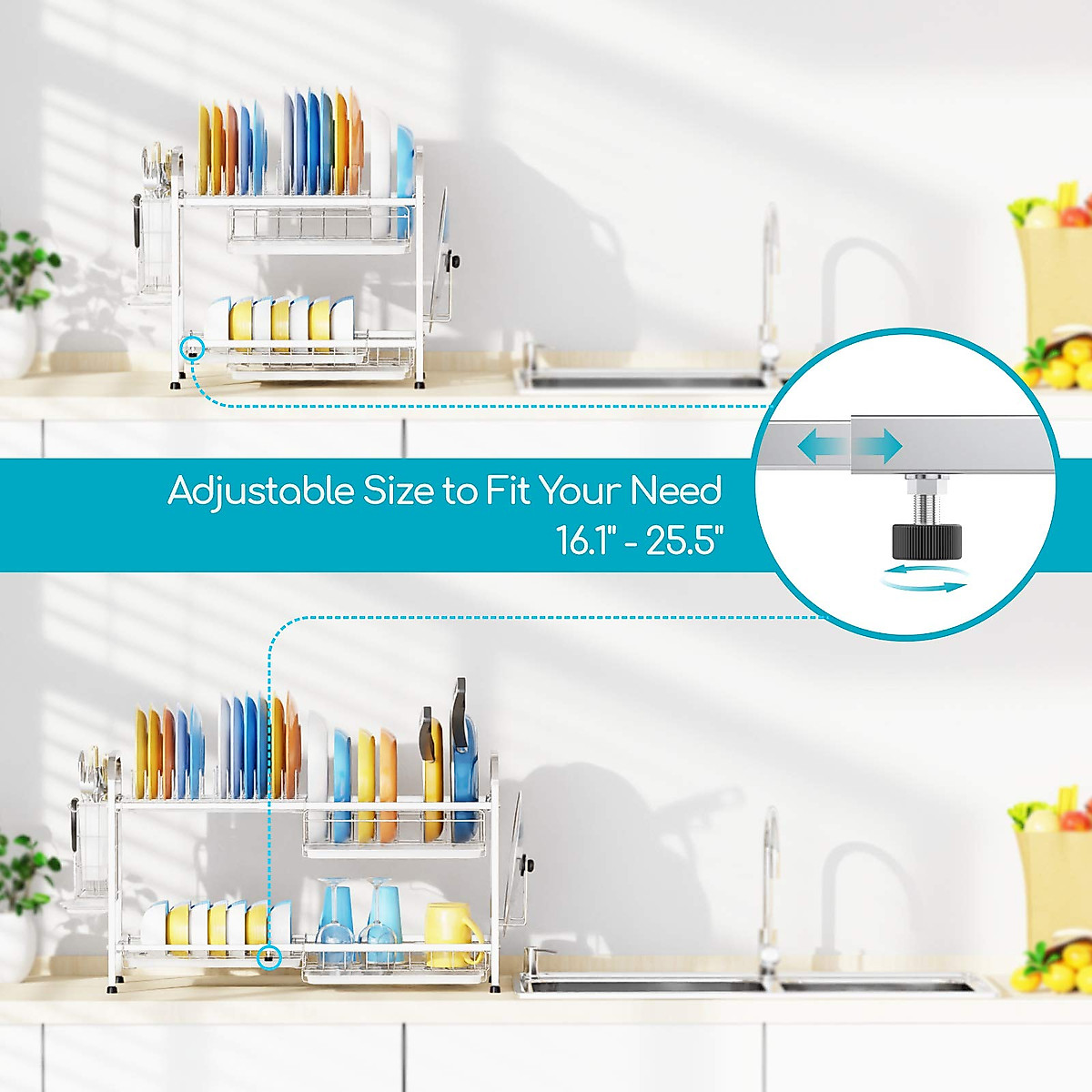 iSPECLE Dish Drying Rack, Expandable 2 Tier Extra Large Dish Rack for Pot and Pan Stainless Steel Pan Rack with Pot Holder Drain Board Utensil Holder for Kitchen Countertop, Silver