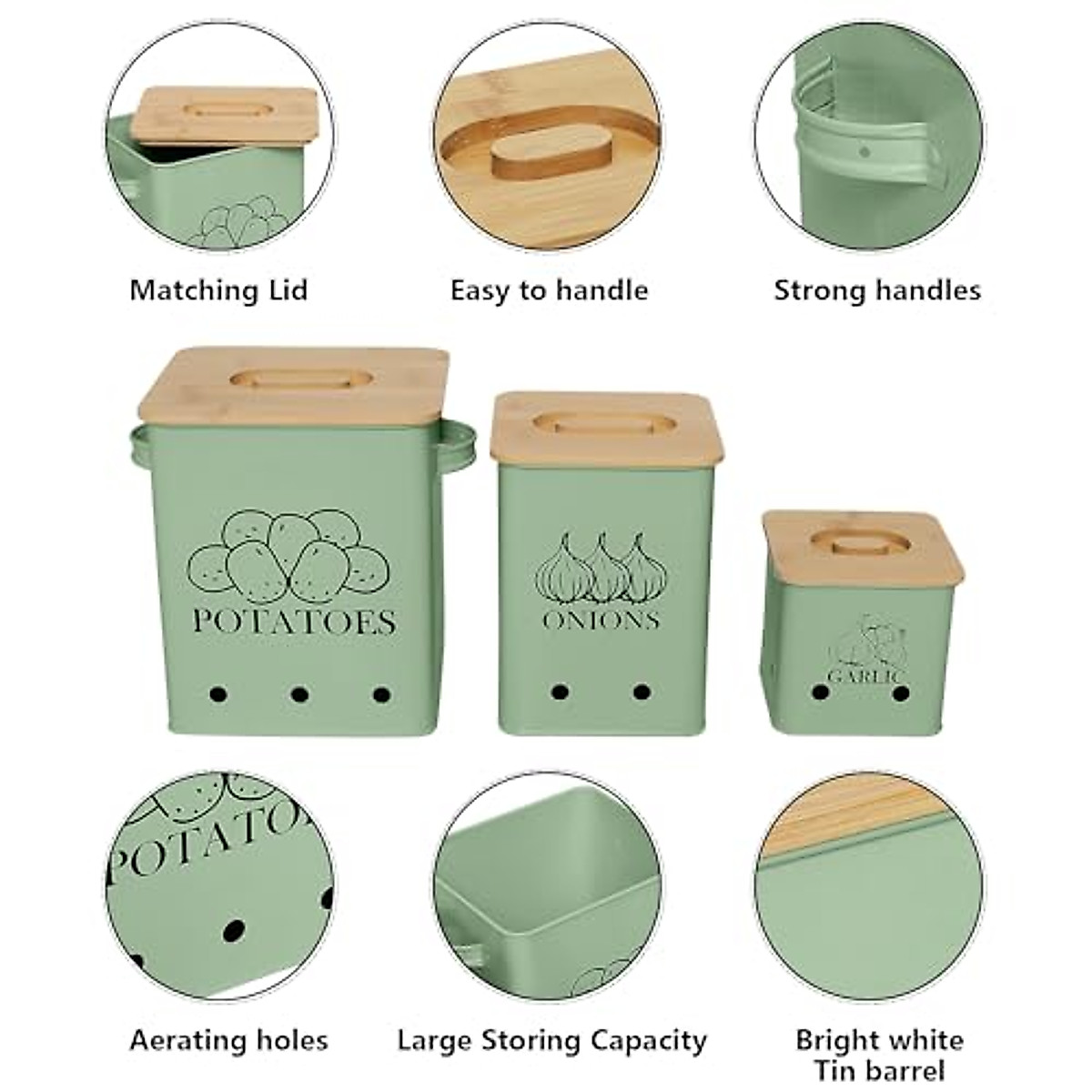 Xbopetda Potato Onion Garlic storage, Canister Sets for Kitchen Counter, Storage Set for Potato Onion Garlic, Kitchen Storage Bin Jars Pots with Aerating Tin Storage Holes & Wooden Lid - Green