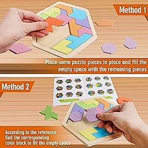 Wooden Hexagon Puzzle for Kid Adults Wooden Blocks Puzzle Brain Teasers Toy Shape Pattern Blocks Tangram Puzzles Games Family Portable Montessori Educational Gift for All Ages Children Challenge