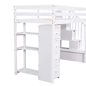 MERITLINE Twin Size Loft Bed with Stairs and Storage,Wooden Twin Loft Bed with 4 Drawers and Shelves, Kids Loft Bed Twin for Girls Boys Bedroom, Dorm(Twin,White)